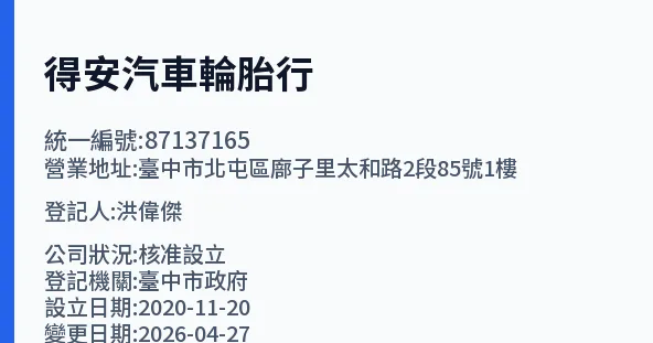 得安汽車輪胎行的照片-統編 87137165(臺中市) 公司登記資料與營業項目詳細圖表