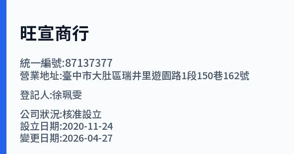 旺宣商行的照片-統編 87137377(臺中市) 公司登記資料與營業項目詳細圖表