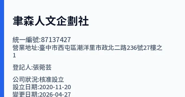 聿森人文企劃社的照片-統編 87137427(臺中市) 公司登記資料與營業項目詳細圖表