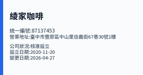 綾家咖啡的照片-統編 87137453(臺中市) 公司登記資料與營業項目詳細圖表