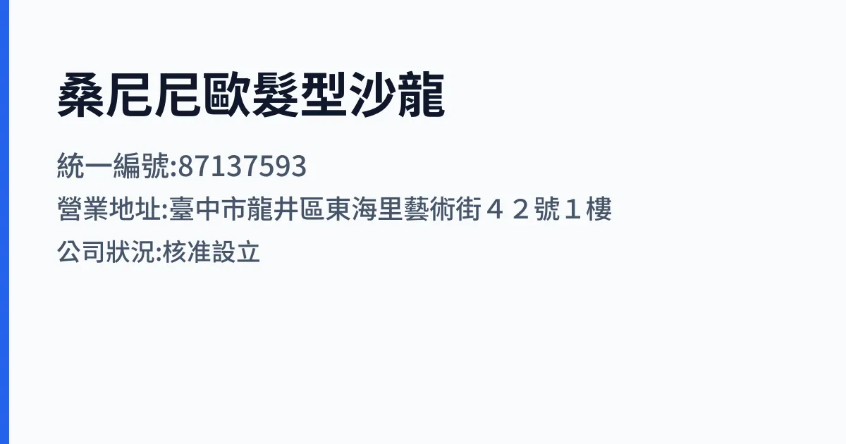 桑尼尼歐髮型沙龍 - 統編 87137593(臺中市) 公司登記資料與營業項目詳細圖表