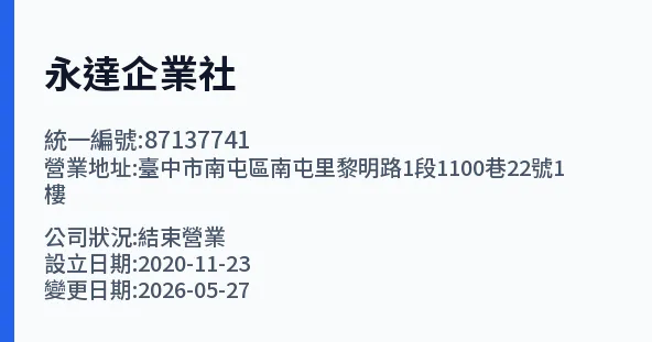 永達企業社的照片-統編 87137741(臺中市) 公司登記資料與營業項目詳細圖表