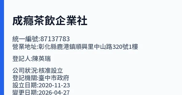 成癮茶飲企業社的照片-統編 87137783(彰化縣) 公司登記資料與營業項目詳細圖表