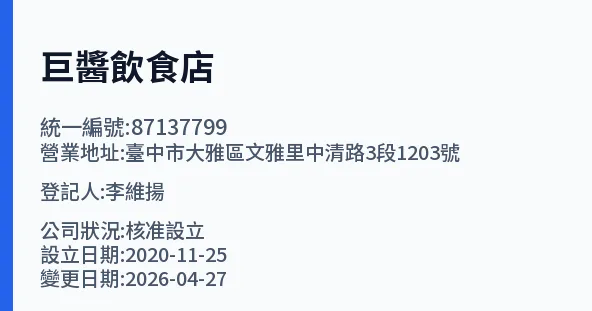 巨醬飲食店的照片-統編 87137799(臺中市) 公司登記資料與營業項目詳細圖表