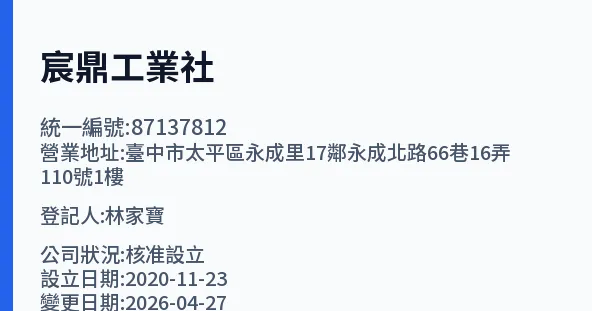 宸鼎工業社的照片-統編 87137812(臺中市) 公司登記資料與營業項目詳細圖表
