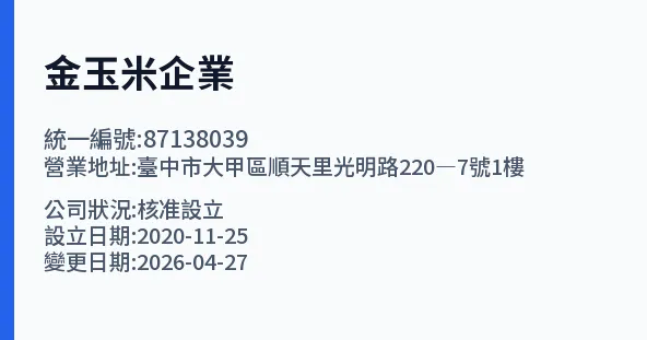 金玉米企業的照片-統編 87138039(臺中市) 公司登記資料與營業項目詳細圖表
