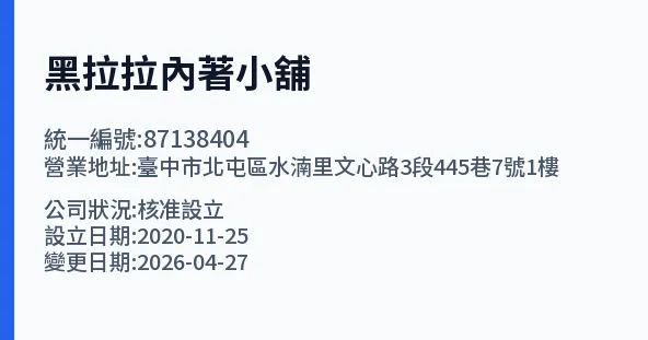 黑拉拉內著小舖的照片-統編 87138404(臺中市) 公司登記資料與營業項目詳細圖表
