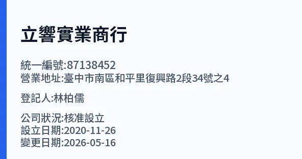 立響實業商行的照片-統編 87138452(臺中市) 公司登記資料與營業項目詳細圖表