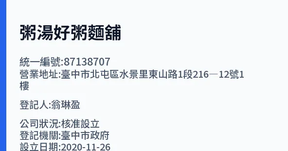 粥湯好粥麵舖的照片-統編 87138707(臺中市) 公司登記資料與營業項目詳細圖表
