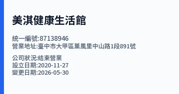 美淇健康生活館的照片-統編 87138946(臺中市) 公司登記資料與營業項目詳細圖表
