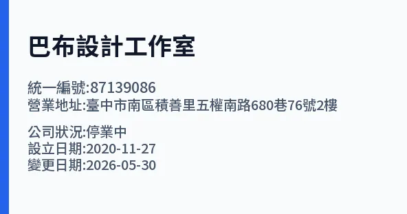 巴布設計工作室的照片-統編 87139086(臺中市) 公司登記資料與營業項目詳細圖表