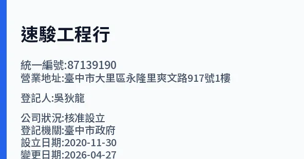 速駿工程行的照片-統編 87139190(臺中市) 公司登記資料與營業項目詳細圖表