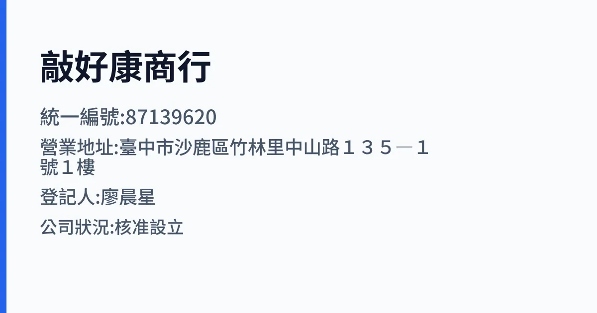 敲好康商行 - 統編 87139620 (臺中市) 公司登記資料與營業項目詳細圖表