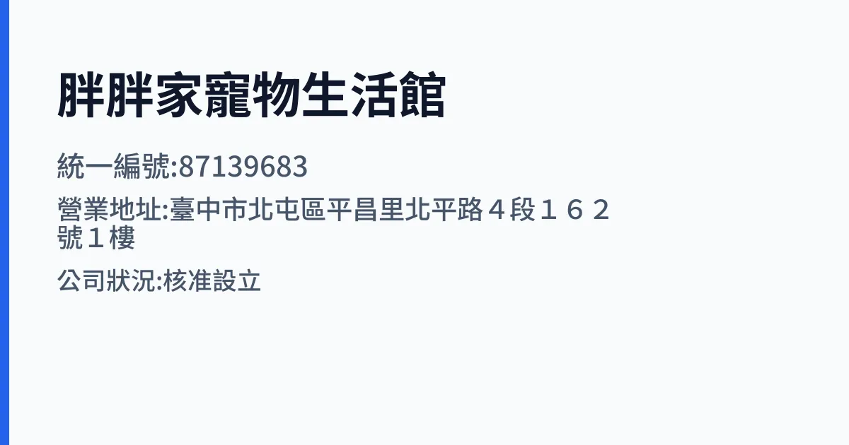 胖胖家寵物生活館 - 統編 87139683 (臺中市) 公司登記資料與營業項目詳細圖表