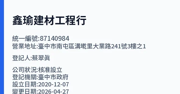 鑫瑜建材工程行的照片-統編 87140984(臺中市) 公司登記資料與營業項目詳細圖表
