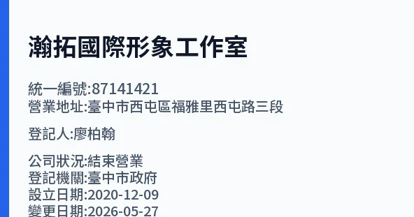 瀚拓國際形象工作室的照片-統編 87141421(臺中市) 公司登記資料與營業項目詳細圖表