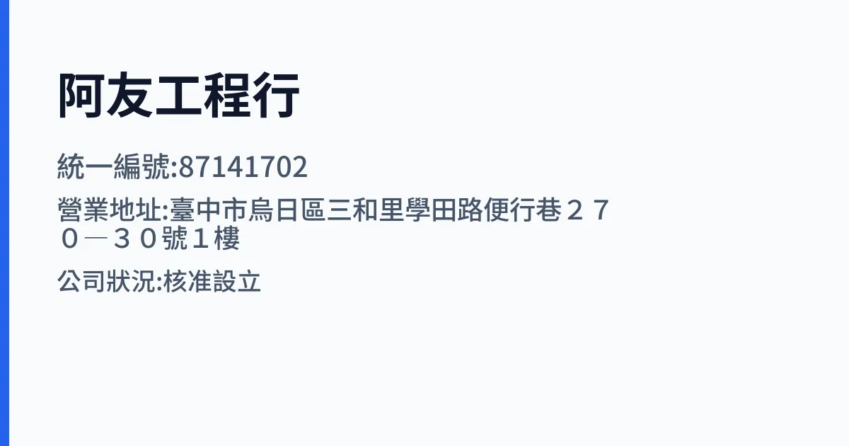 阿友工程行 - 統編 87141702(臺中市) 公司登記資料與營業項目詳細圖表
