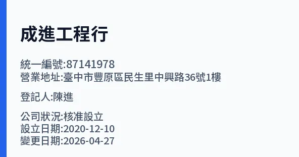 成進工程行的照片-統編 87141978(臺中市) 公司登記資料與營業項目詳細圖表