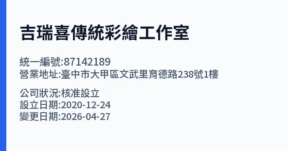 吉瑞喜傳統彩繪工作室的照片-統編 87142189(臺中市) 公司登記資料與營業項目詳細圖表