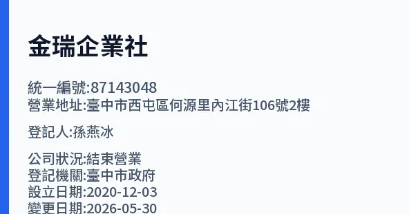 金瑞企業社的照片-統編 87143048(臺中市) 公司登記資料與營業項目詳細圖表