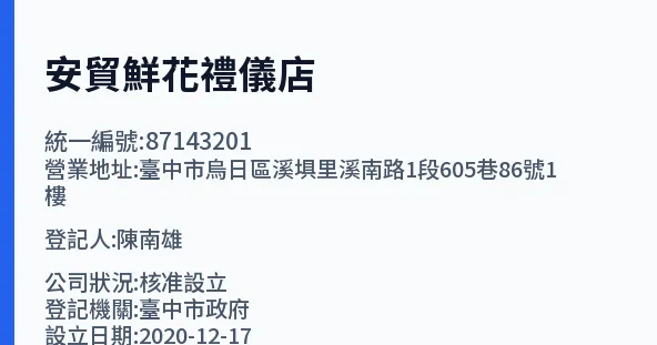 安貿鮮花禮儀店的照片-統編 87143201(臺中市) 公司登記資料與營業項目詳細圖表