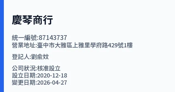 慶琴商行的照片-統編 87143737(臺中市) 公司登記資料與營業項目詳細圖表