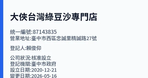 大俠台灣綠豆沙專門店的照片-統編 87143835(臺中市) 公司登記資料與營業項目詳細圖表