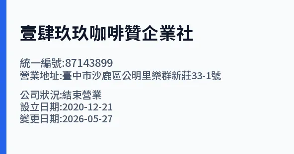 壹肆玖玖咖啡贊企業社的照片-統編 87143899(臺中市) 公司登記資料與營業項目詳細圖表