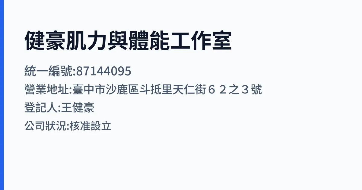 健豪肌力與體能工作室 - 統編 87144095(臺中市) 公司登記資料與營業項目詳細圖表