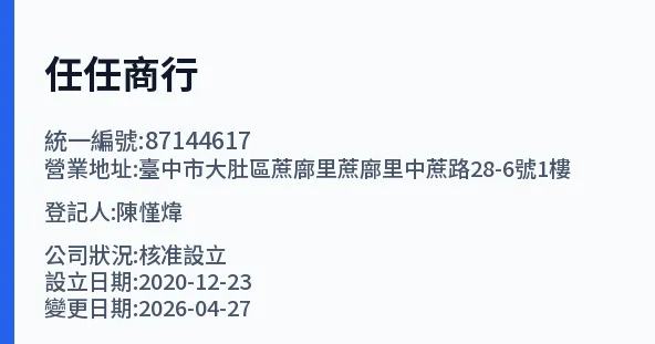 任任商行的照片-統編 87144617(臺中市) 公司登記資料與營業項目詳細圖表