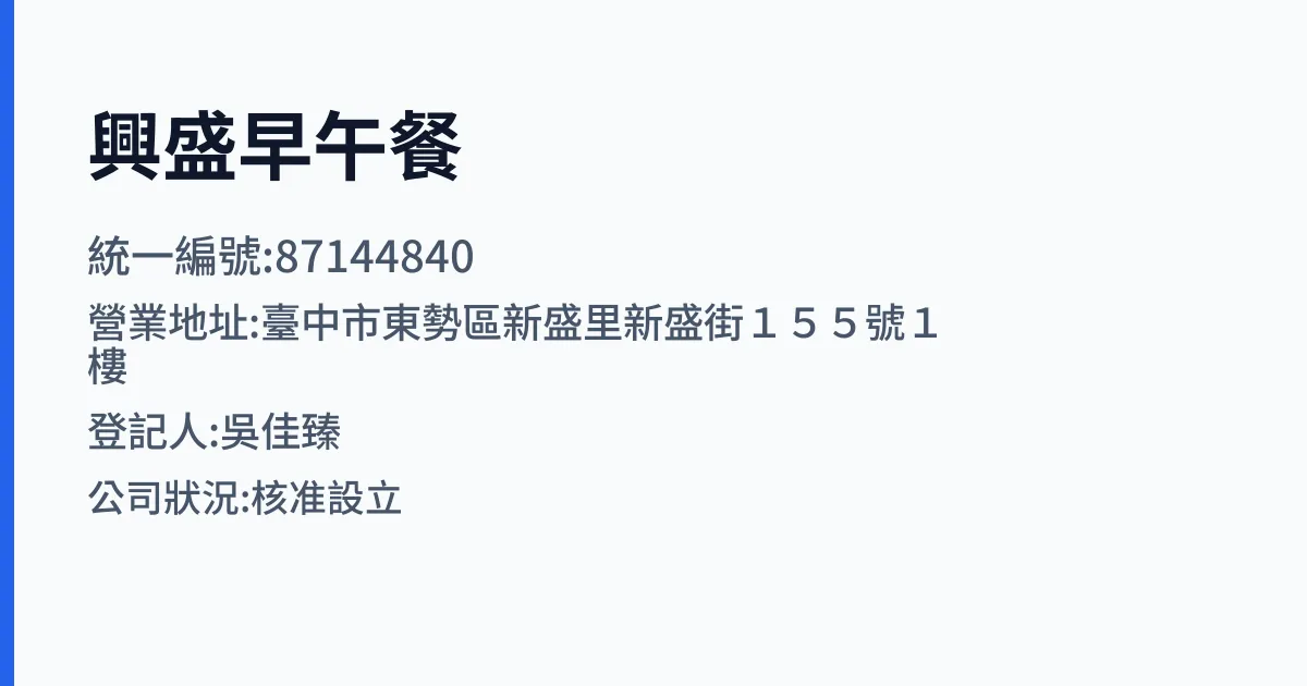 興盛早午餐 - 統編 87144840(臺中市) 公司登記資料與營業項目詳細圖表