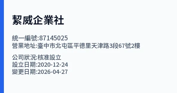 絜威企業社的照片-統編 87145025(臺中市) 公司登記資料與營業項目詳細圖表