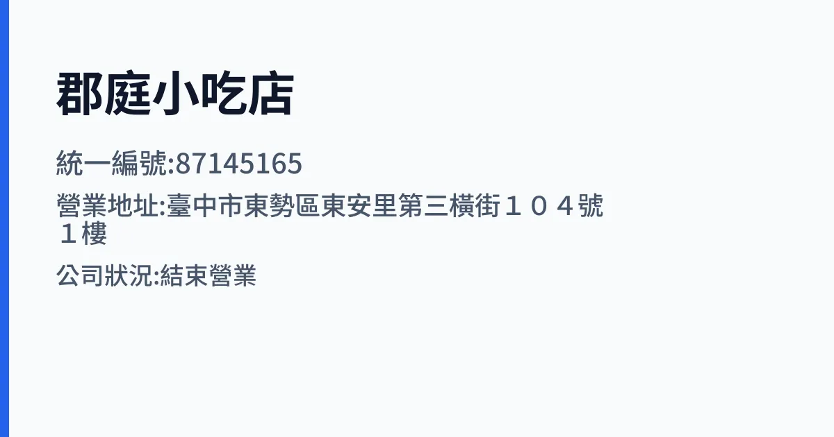 郡庭小吃店 - 統編 87145165(臺中市) 公司登記資料與營業項目詳細圖表