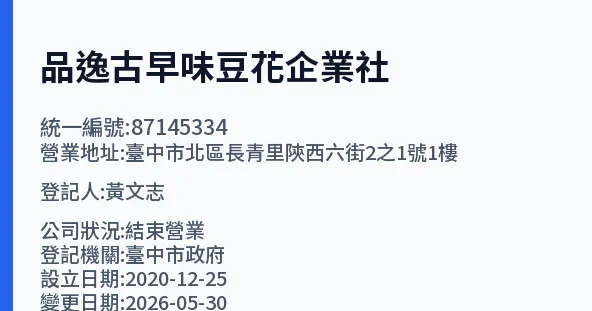 品逸古早味豆花企業社的照片-統編 87145334(臺中市) 公司登記資料與營業項目詳細圖表