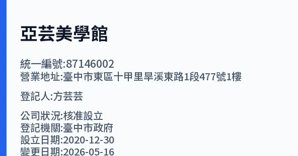 亞芸美學館的照片-統編 87146002(臺中市) 公司登記資料與營業項目詳細圖表