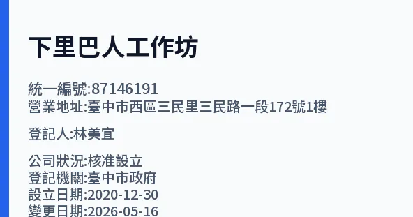 下里巴人工作坊的照片-統編 87146191(臺中市) 公司登記資料與營業項目詳細圖表