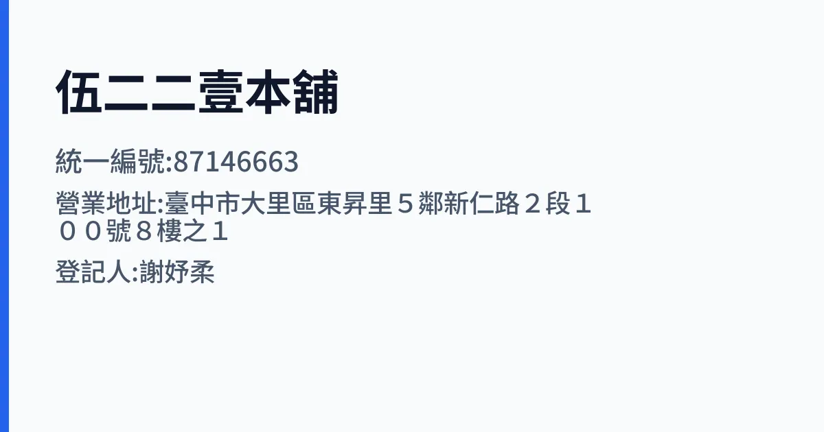 伍二二壹本舖 - 統編 87146663(臺中市) 公司登記資料與營業項目詳細圖表