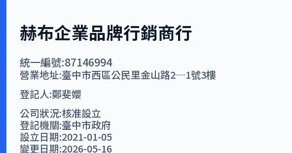 赫布企業品牌行銷商行的照片-統編 87146994(臺中市) 公司登記資料與營業項目詳細圖表