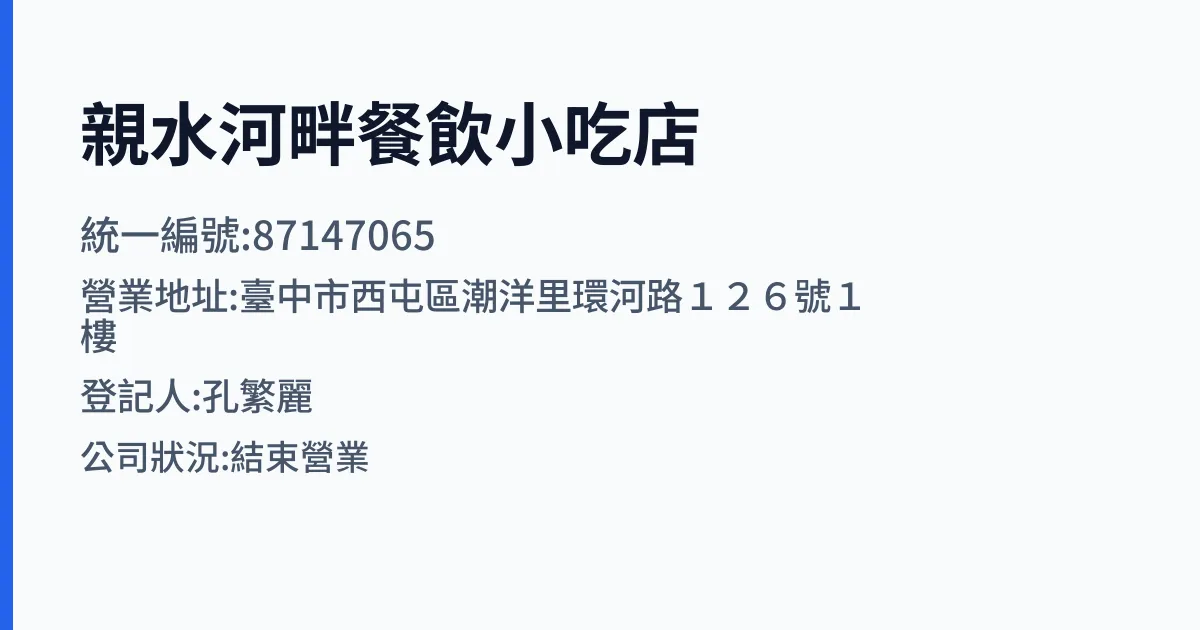 親水河畔餐飲小吃店 - 統編 87147065(臺中市) 公司登記資料與營業項目詳細圖表