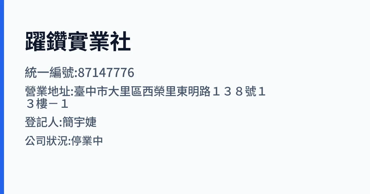躍鑽實業社 - 統編 87147776(臺中市) 公司登記資料與營業項目詳細圖表