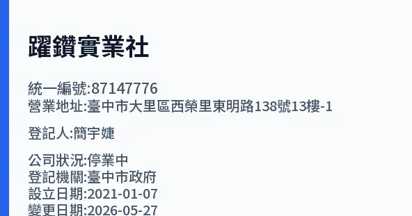 躍鑽實業社的照片-統編 87147776(臺中市) 公司登記資料與營業項目詳細圖表