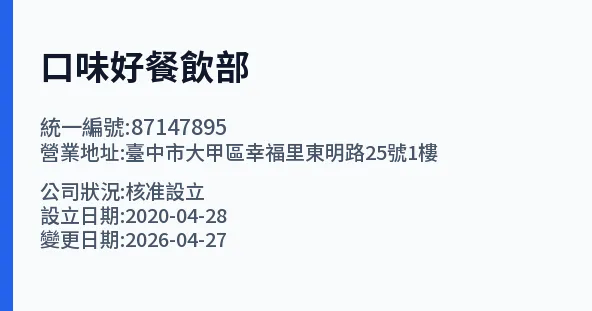 口味好餐飲部的照片-統編 87147895(臺中市) 公司登記資料與營業項目詳細圖表