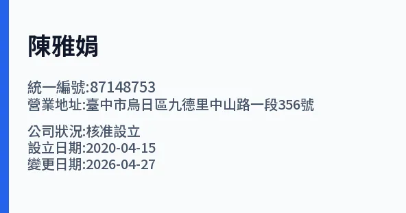 陳雅娟的照片-統編 87148753(臺中市) 公司登記資料與營業項目詳細圖表