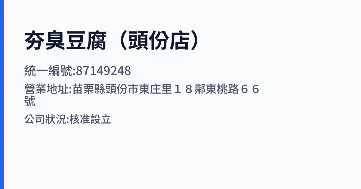 夯臭豆腐(頭份店) - 統編 87149248(苗栗縣) 公司登記資料與營業項目詳細圖表