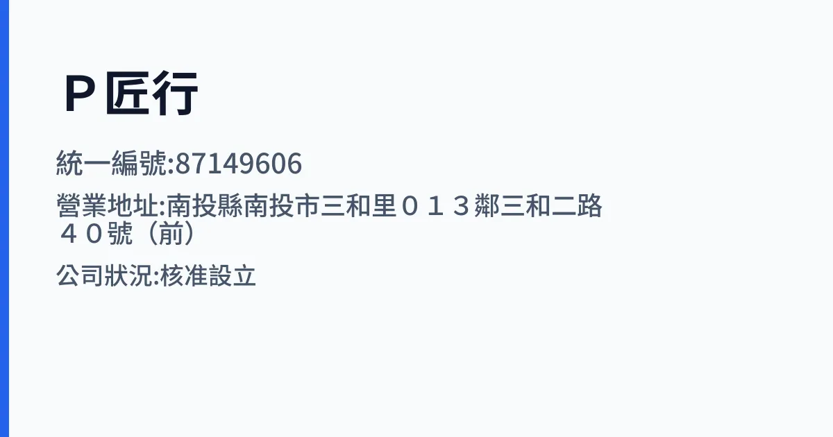 P匠行 - 統編 87149606(南投縣) 公司登記資料與營業項目詳細圖表