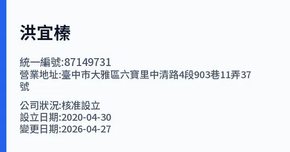 洪宜榛的照片-統編 87149731(臺中市) 公司登記資料與營業項目詳細圖表