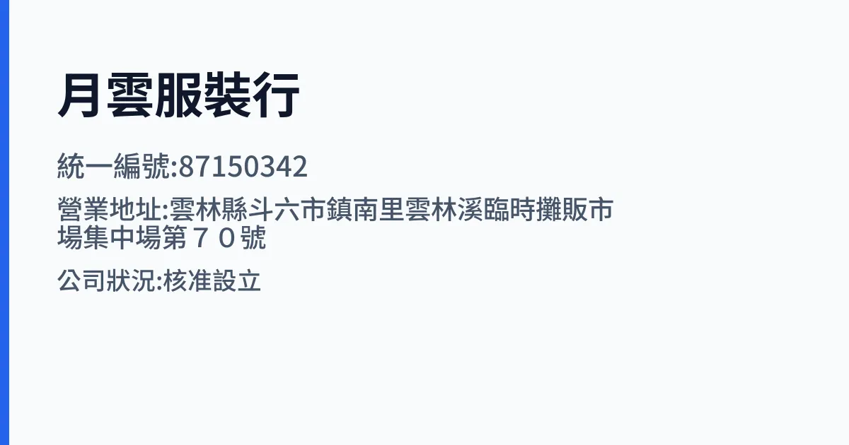 月雲服裝行 - 統編 87150342(雲林縣) 公司登記資料與營業項目詳細圖表