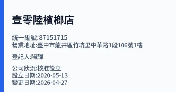 壹零陸檳榔店的照片-統編 87151715(臺中市) 公司登記資料與營業項目詳細圖表
