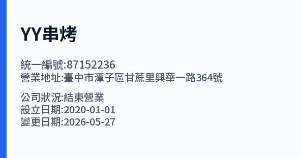 YY串烤的照片-統編 87152236(臺中市) 公司登記資料與營業項目詳細圖表