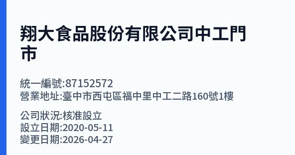 翔大食品股份有限公司中工門市的照片-統編 87152572(臺中市) 公司登記資料與營業項目詳細圖表